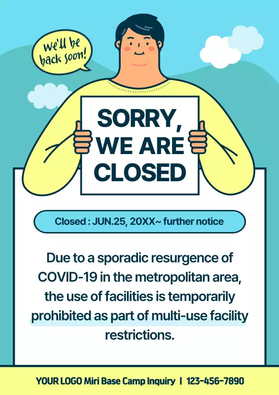 Cute closure announcement with blue human illustration - MiriCanvas