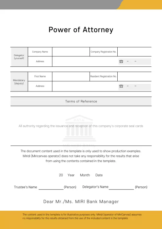 Bank Power of Attorney document form in yellow points - MiriCanvas