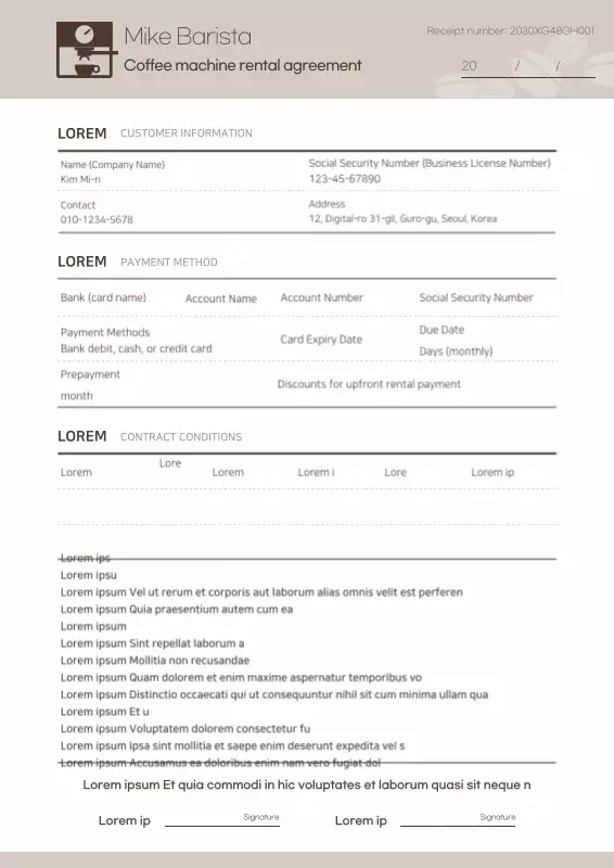 A simple coffee machine rental agreement in beige and brown. - MiriCanvas