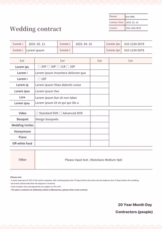 Simple and readable wedding contract template in pastel colors - MiriCanvas