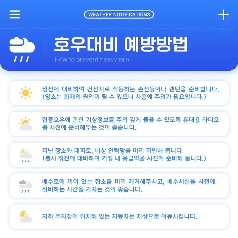 파랑과 흰색의 심플한 장마 안전수칙 안내서 미리캔버스