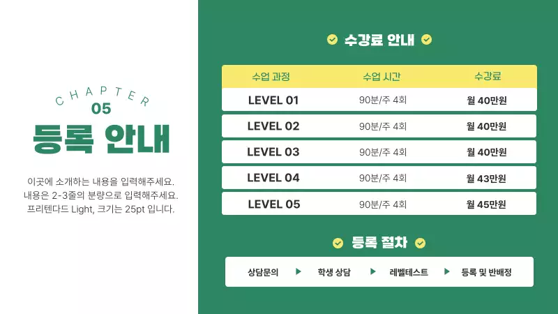 초록과 노랑의 심플한 보습 학원 소개서 미리캔버스