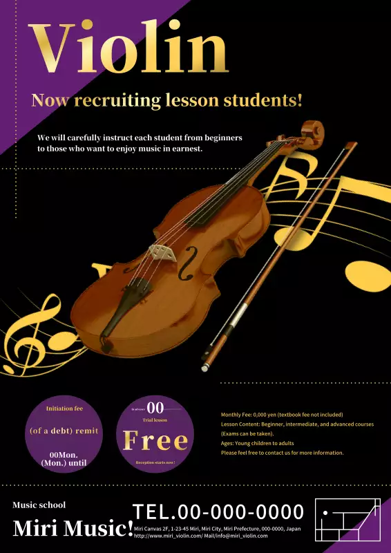 A simple, classic violin lesson ad in gold and black. - MiriCanvas