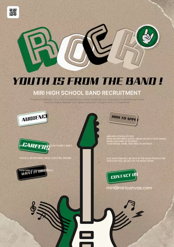 Promote recruitment for a kitschy high school band in beige and green ...