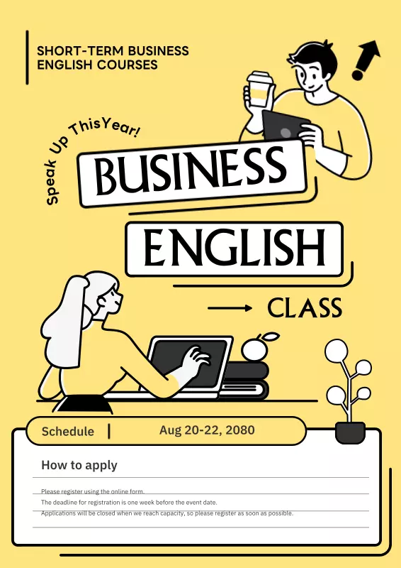 Publicity for a simple yellow and white short-term English language ...