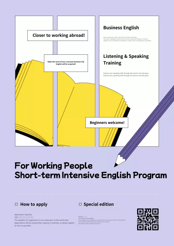 Promote English language learning in yellow on a purple background for ...