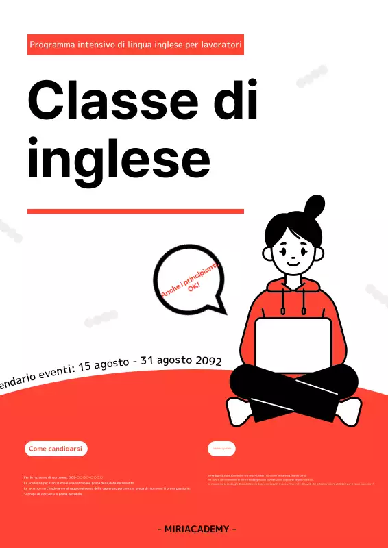 Pubblicità di programmi semplici, rossi e neri, per l'apprendimento della lingua inglese a breve ...