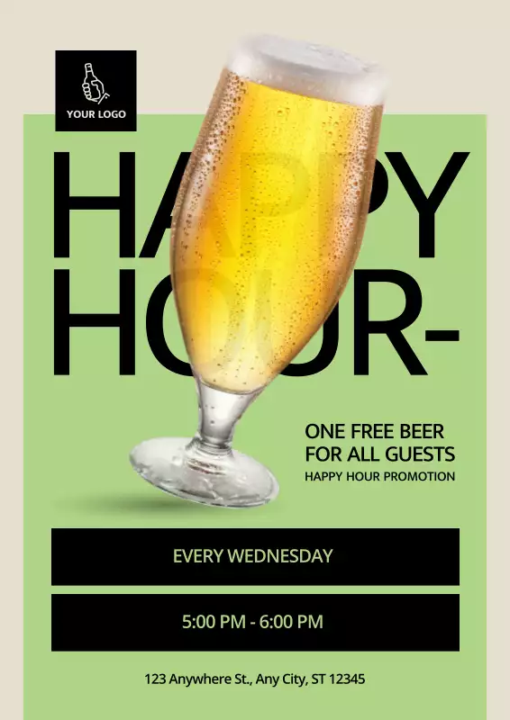 A modern happy hour ad in beige and lime green - MiriCanvas